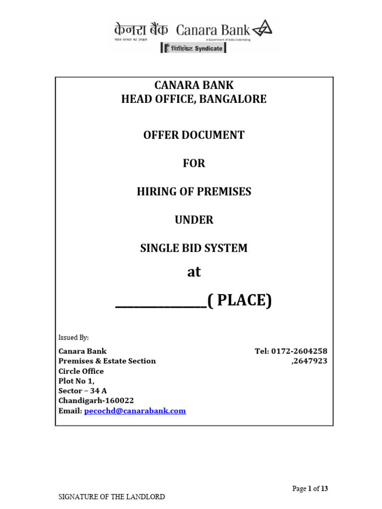 (PLACE) : Canara Bank Head Office, Bangalore Offer Document FOR Hiring ...