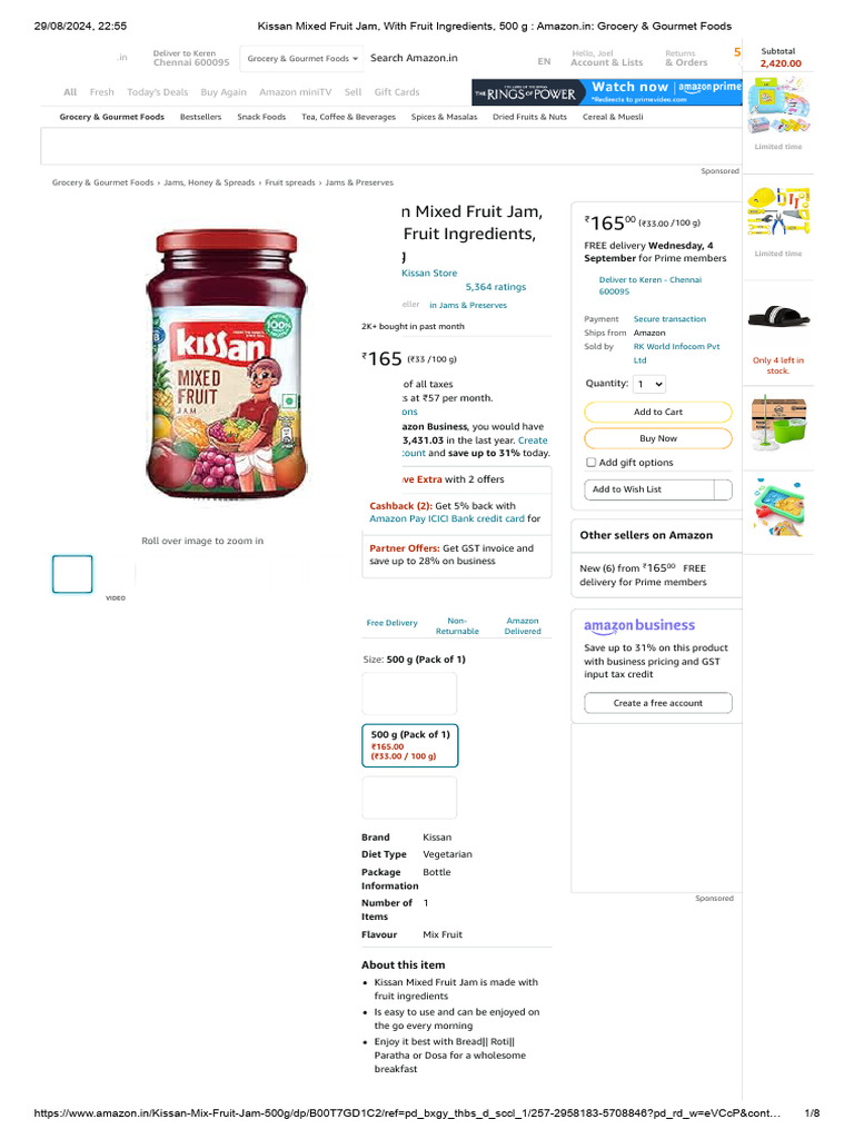 Kissan Mixed Fruit Jam, With Fruit Ingredients, 500 G - Amazon - in ...