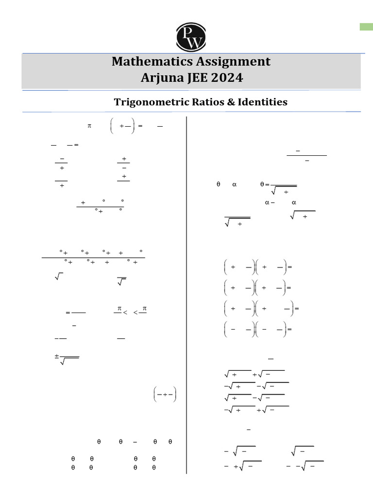 Assignment - Trigonometric Ratios & Identities - Arjuna JEE 2024 | PDF Assignment - Trigonometric Ratios & Identities - Arjuna JEE 2024 | PDF