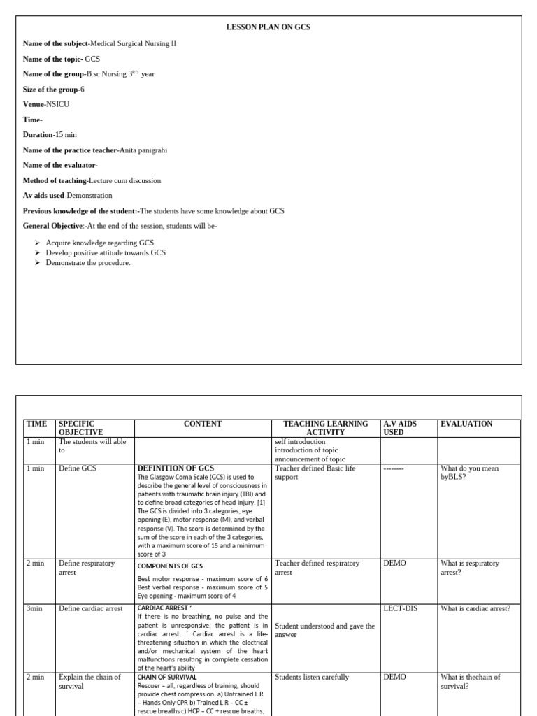 Lesson Plan On GCS | PDF