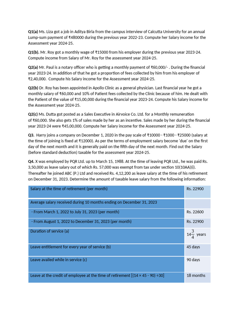 Salary Problem Sheet (2024) | PDF