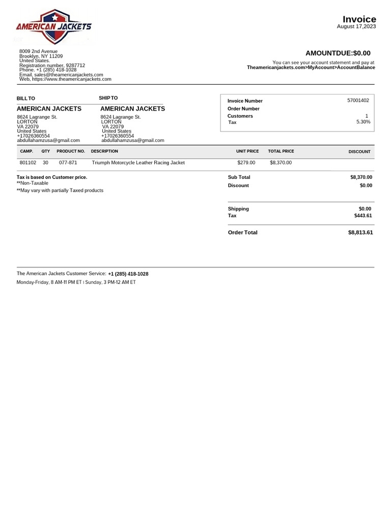Invoice American Jackets | PDF