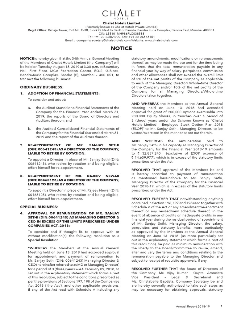 Chalet Hotels AGM Notice Eversion | PDF