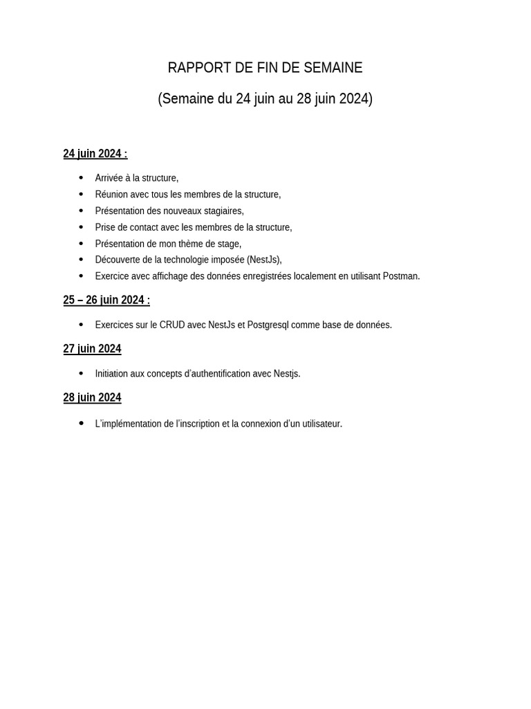 Rapport de Fin de Semaine | PDF