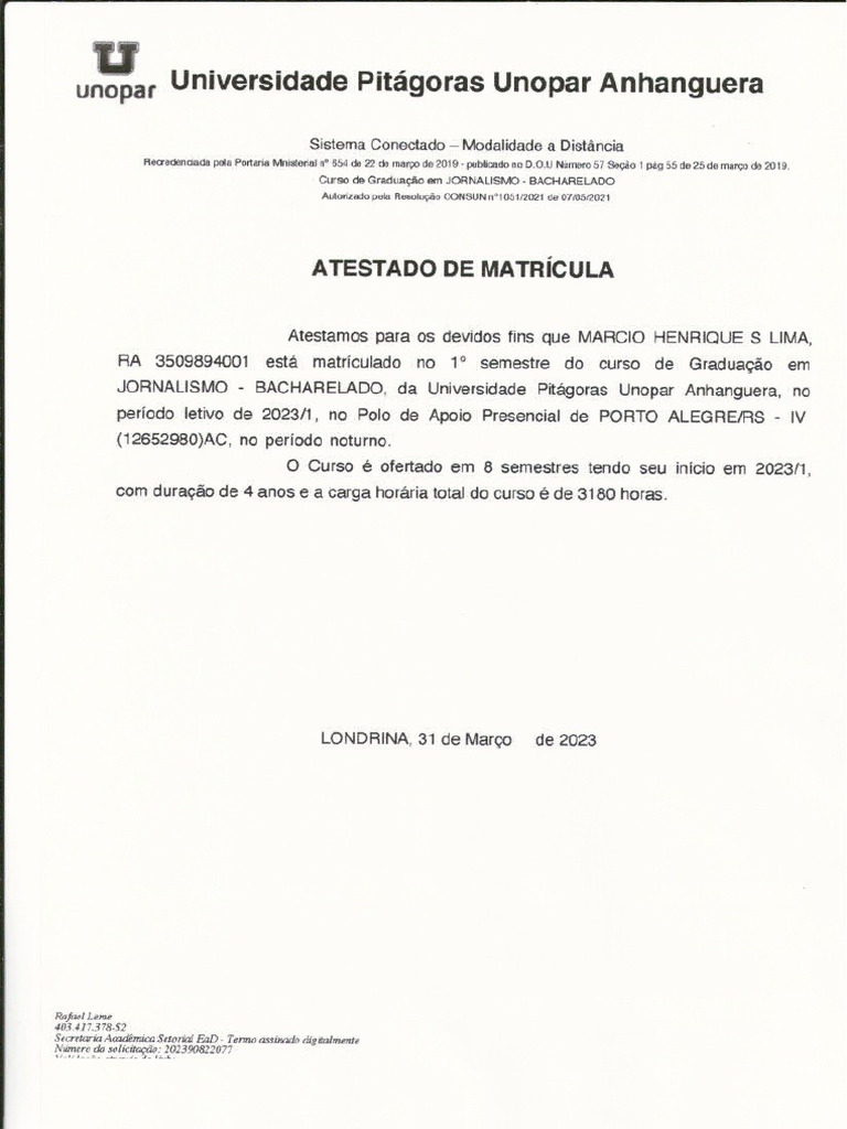 Atestado de Matrícula Word | PDF