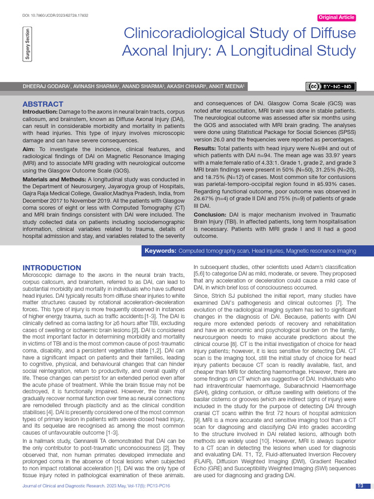 Clinicoradiological Study of Diffuse Axonal Injury | PDF | Traumatic ...