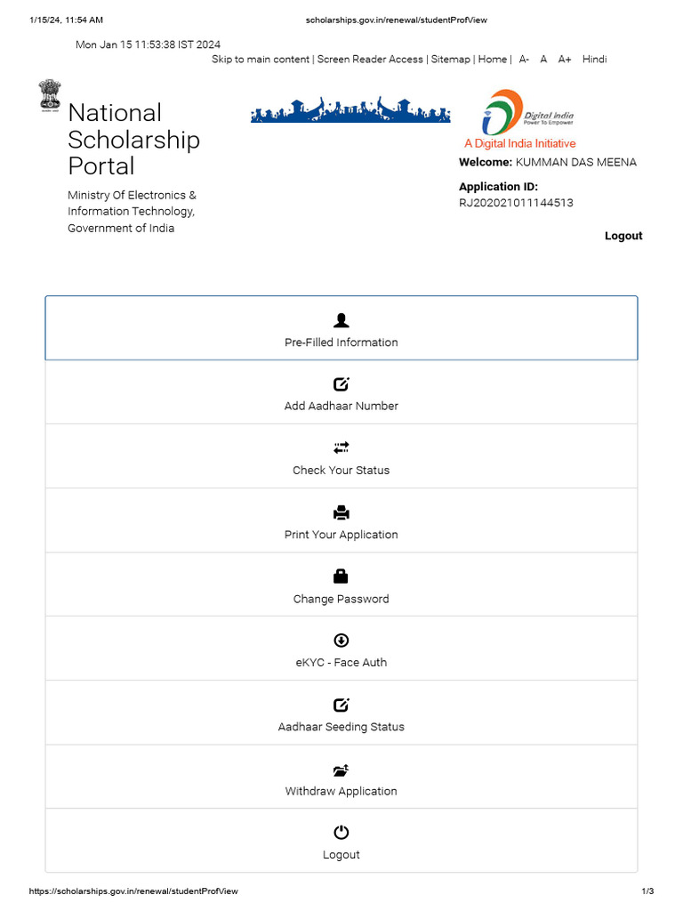 Scholarships - Gov.in Renewal studentProfView | PDF
