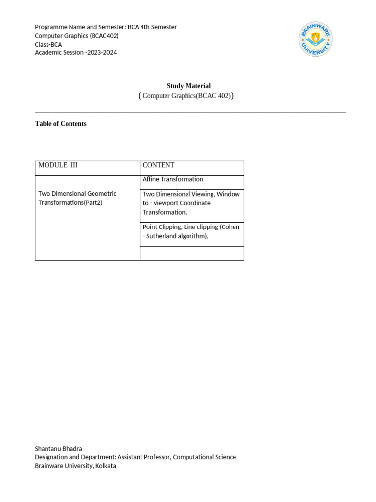 BCAC 402 - Computer Graphics - BCA - 2022 - Study Material (ModuleIII - Part2) | PDF