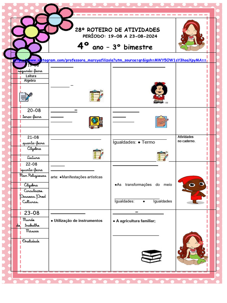 4º Ano 28º Roteiro Semanal 19 A 23 08 Marcya Filizola | PDF