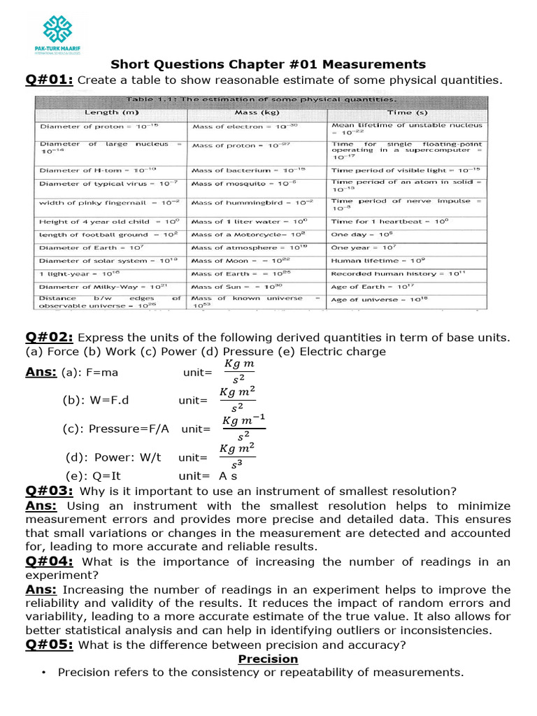 Short Questions Physics chp#01. | PDF