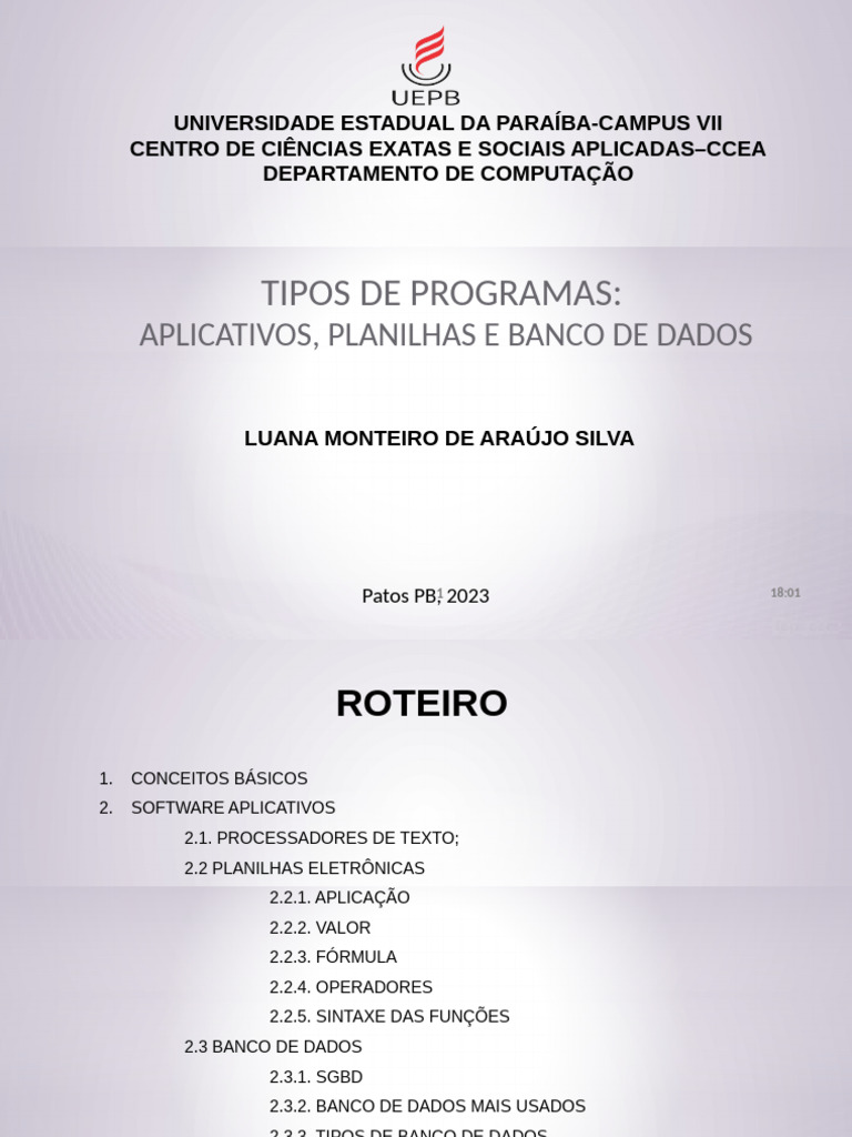 Aula Tipos de Programas Aplicativos, Planilhas e Banco de Dados | PDF