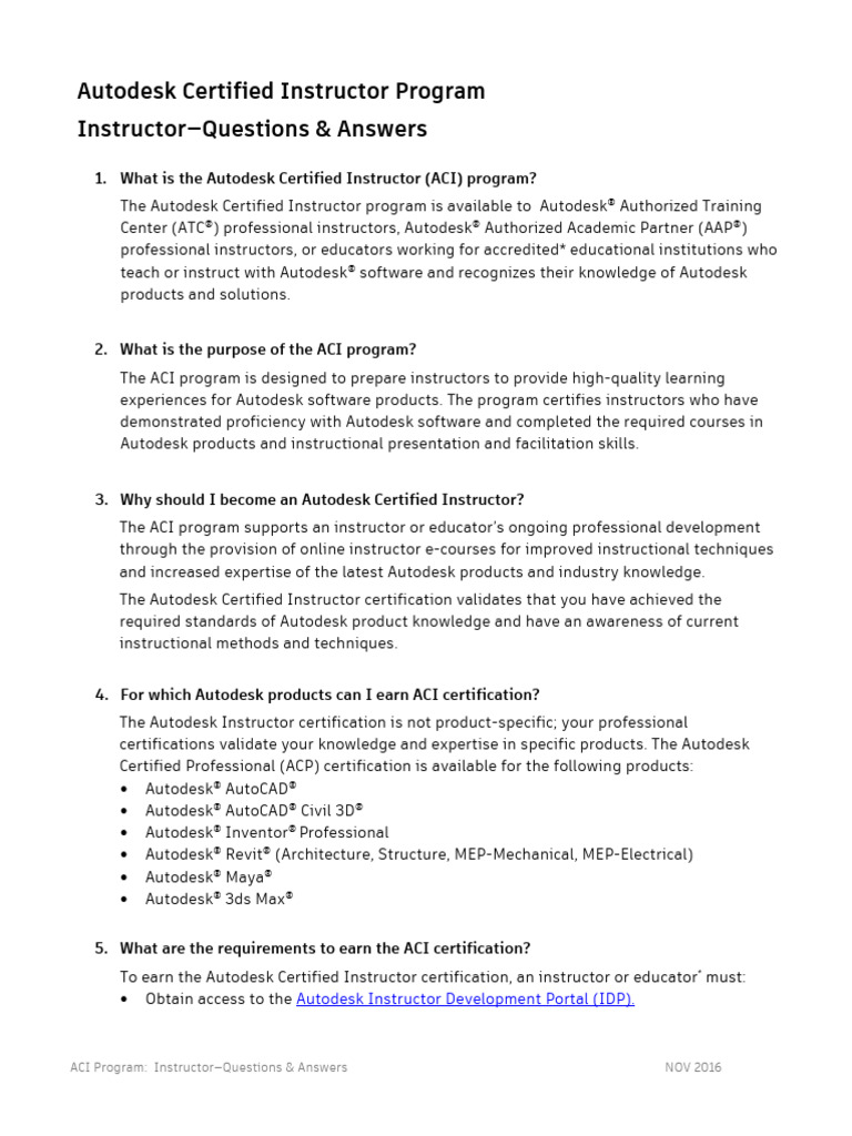 Autodesk Certified Instructor Program (ACI) Instructor Q&A | PDF
