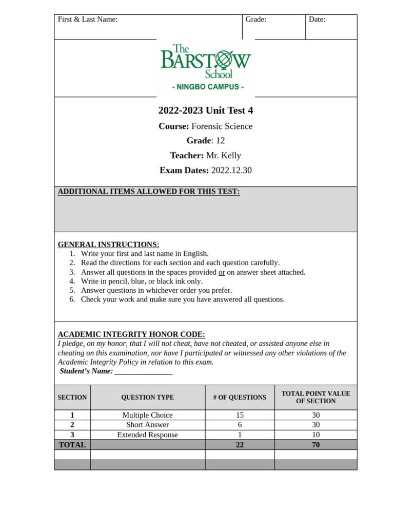 W15 Forensic Science Unit Test 4 | PDF