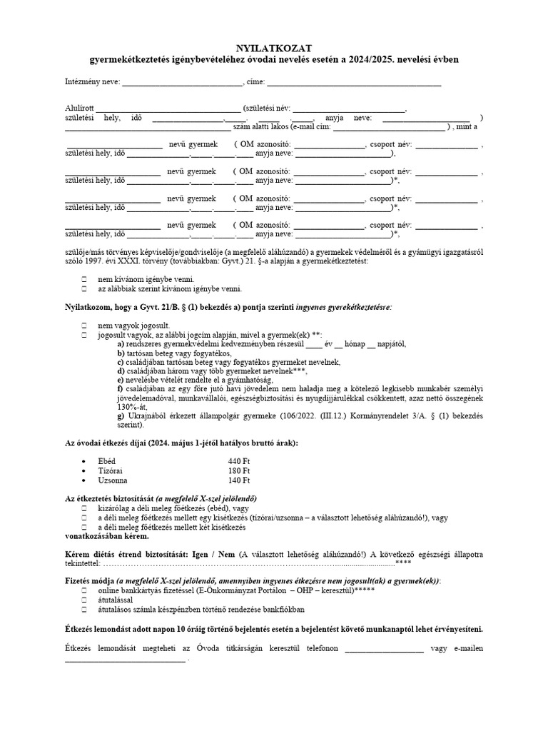 NYILATKOZAT Ovoda 2024 2025 | PDF