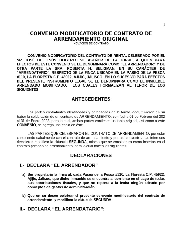 CONVENIO MODIFICATORIO DE CONTRATO CASA LA FLORESTA 1 MES | PDF