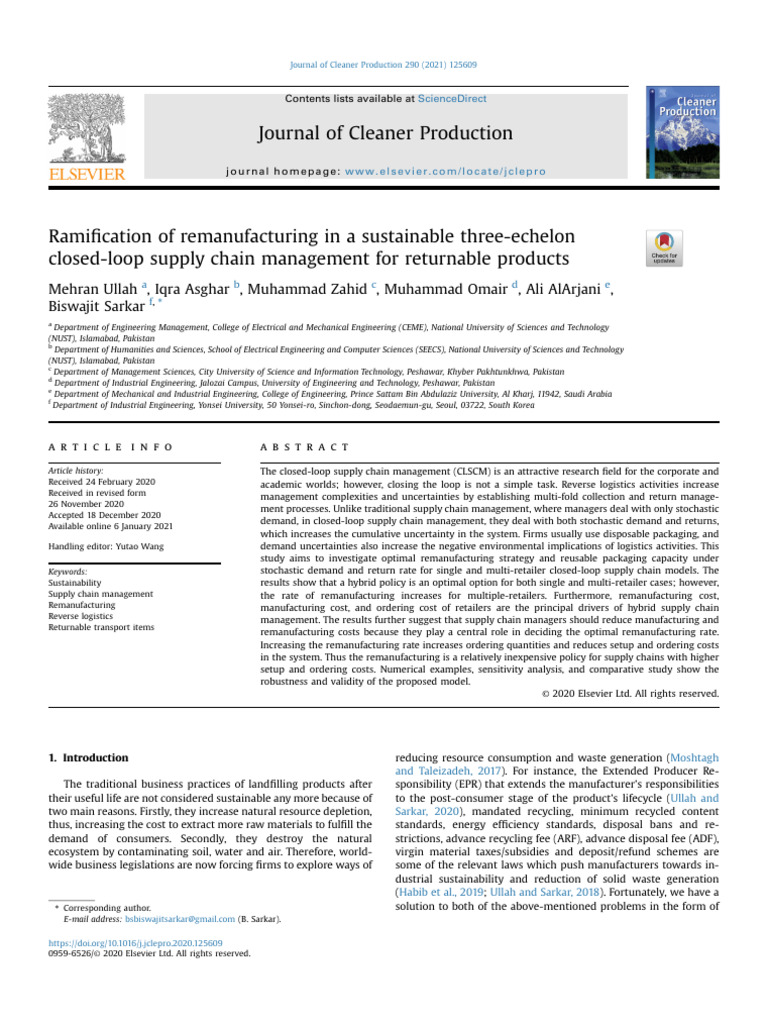 P3-Ramification of Remanufacturing in A Sustainable Three-Echelon ... P3-Ramification of Remanufacturing in A Sustainable Three-Echelon ...