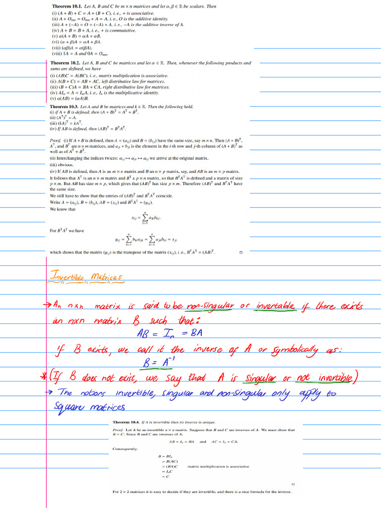 Algebra Summary On Inverses and Matrix Powers | PDF