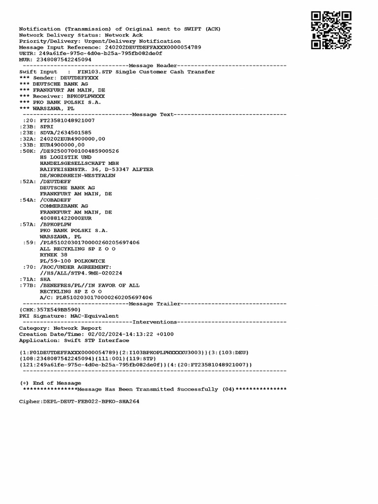 Swift Fin103+202 STP 02 02 2024 HS Logistik All Recykling SP Z o | PDF