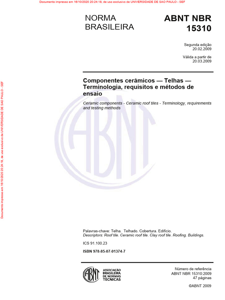 NBR 15310 de 02.2009 - Componentes Cerâmicos - Telhas - Terminologia ...