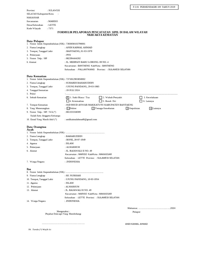 Formulir - Akte Kematian Dukcapil | PDF