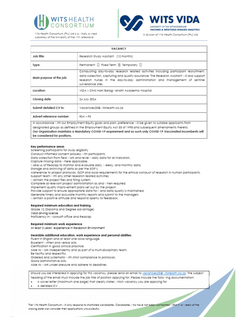 Internal Advert - Research Study Assistant - VIDA - July 2024 | PDF