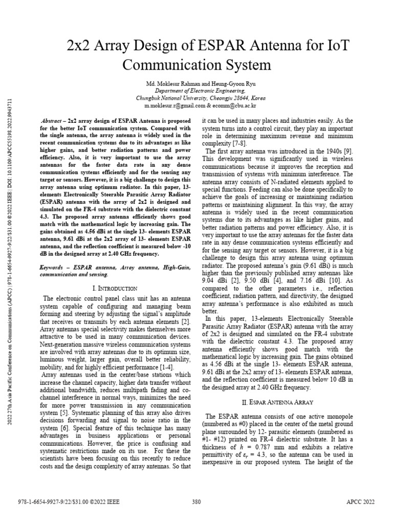 2x2 Array Design of ESPAR Antenna For IoT Communication System | PDF