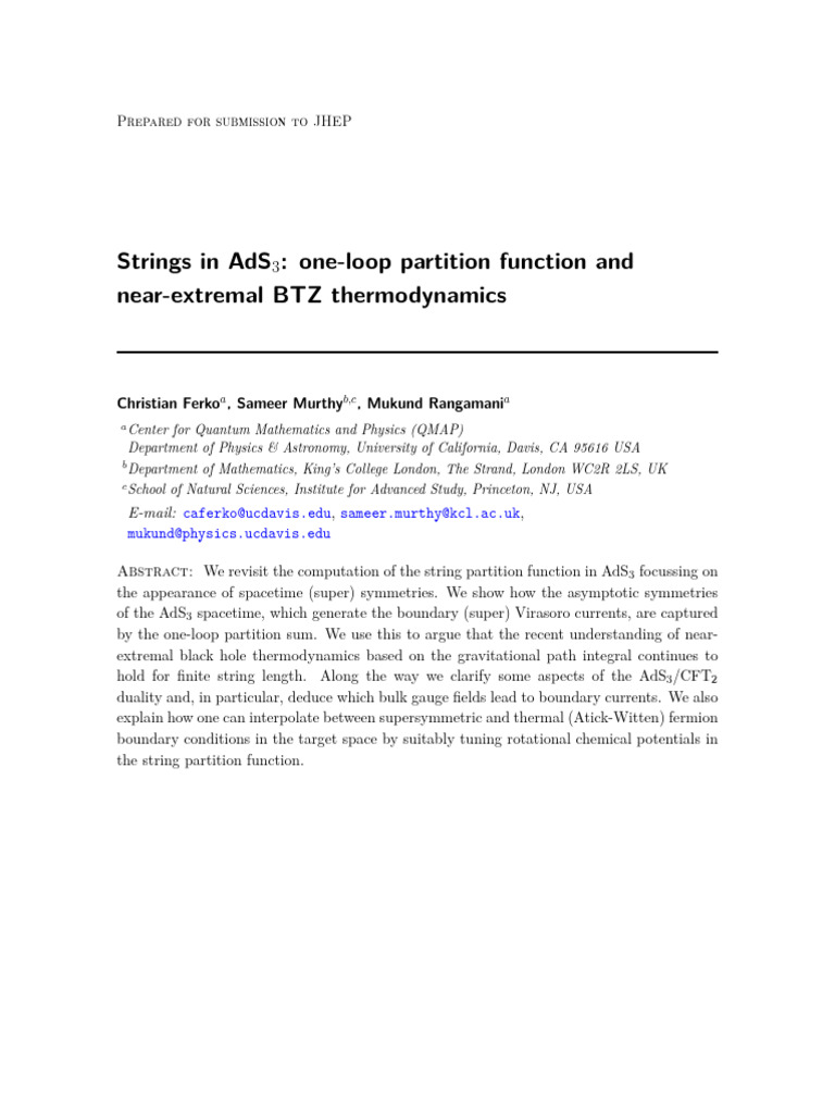Strings in Ads: One-Loop Partition Function and Near-Extremal BTZ Thermodynamics | PDF