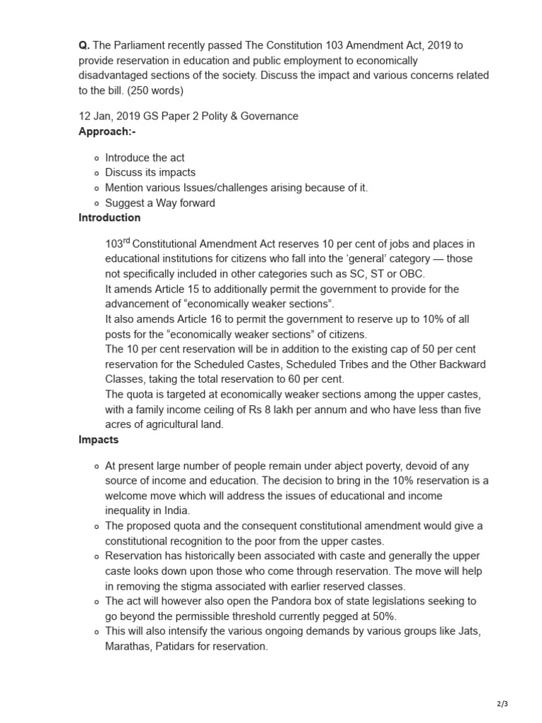Q. The Parliament Recently Passed The Constitution 103 Amendment Act ...