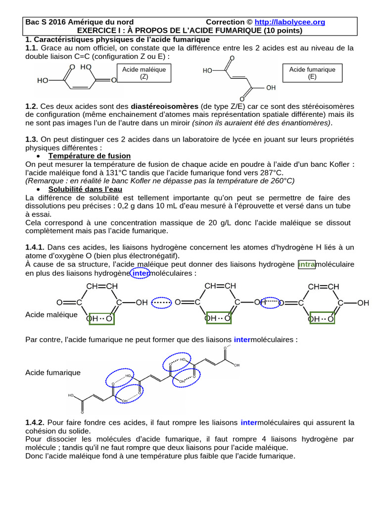 2016-AmNord-Exo1-Correction-Acide Fumarique-10pts | PDF