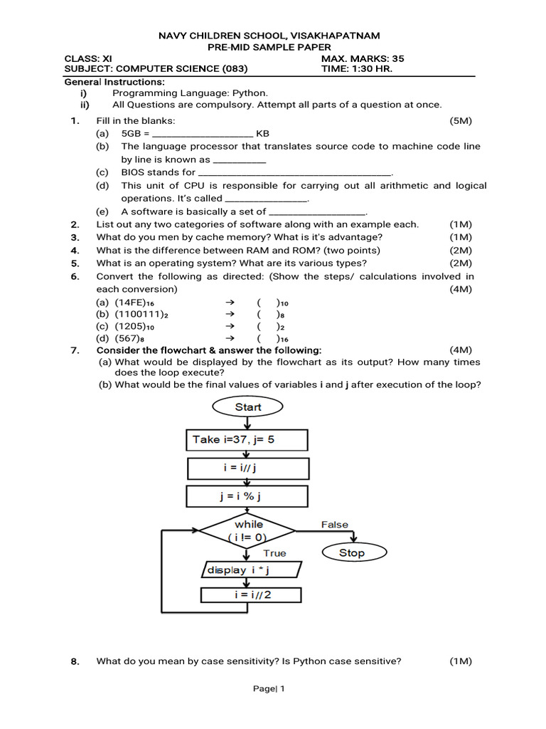 11 CS Pre Mid Sample Paper 2023-24 | PDF