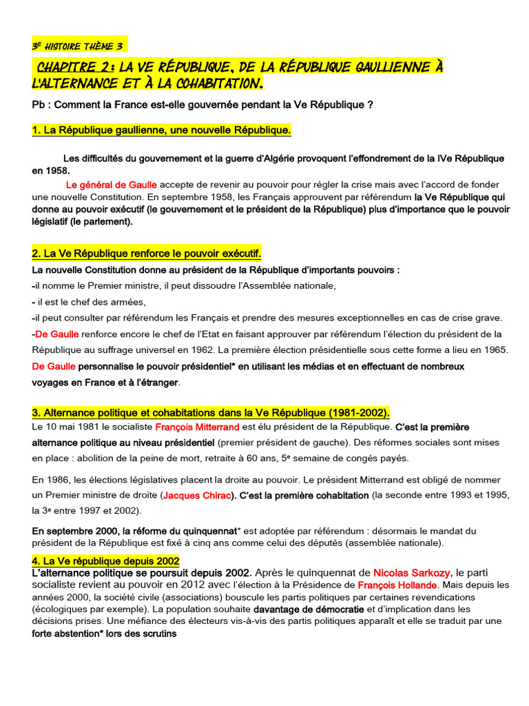 3e Histoire TH.3 Chapitre 2 La Ve République | PDF