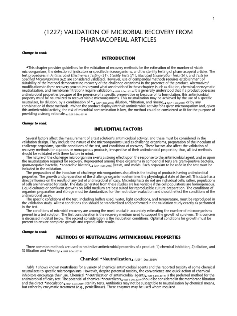 1227 Validation of Microbial Recovery From Pharmacopeial Articles | PDF