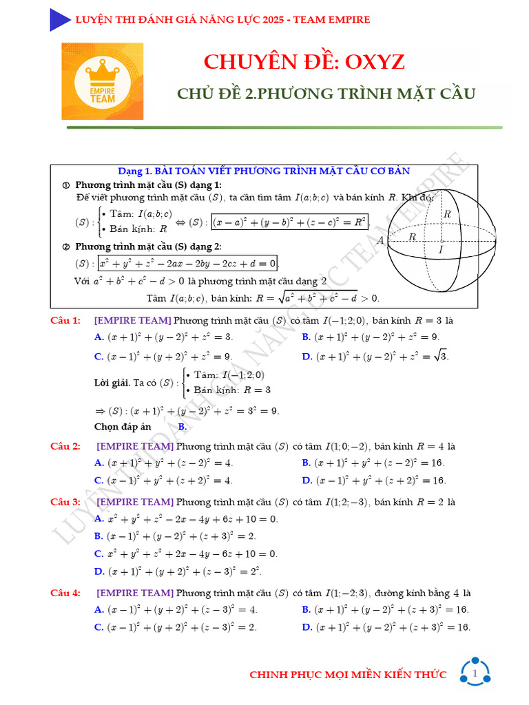 Toan Hoc Chuong 2 Hinh Hoc Chu de 3 Phuong Trinh Mat Cau | PDF