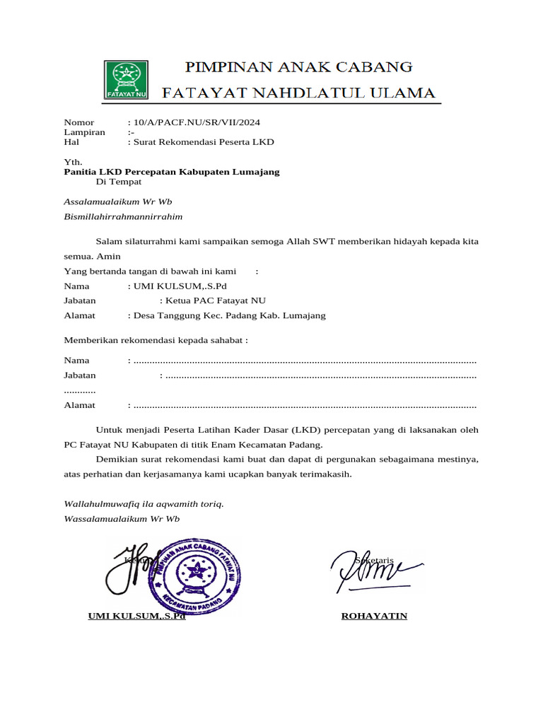 Surat Rekom LKD Fatayat Nu | PDF