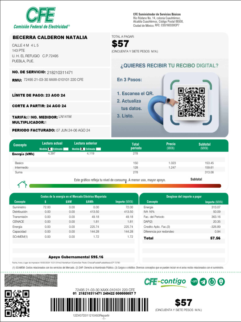 Código Postal en Recibo de Luz CFE | PDF | Ingenieria Eléctrica | Cantidad