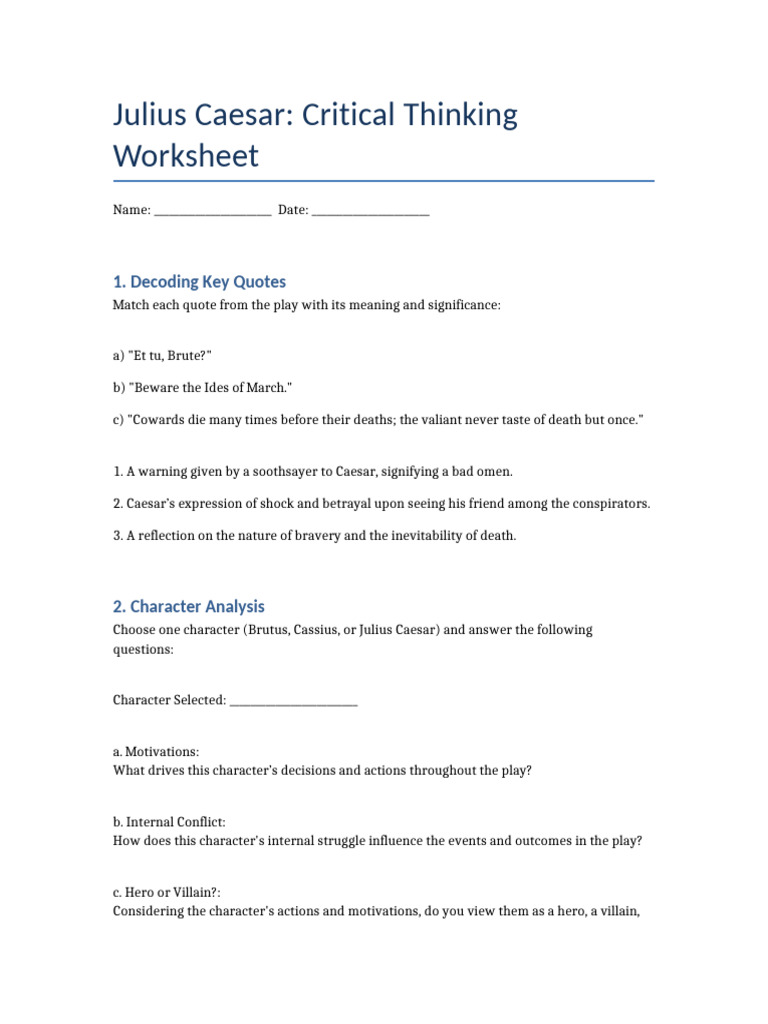 Julius Caesar Critical Thinking Worksheet | PDF