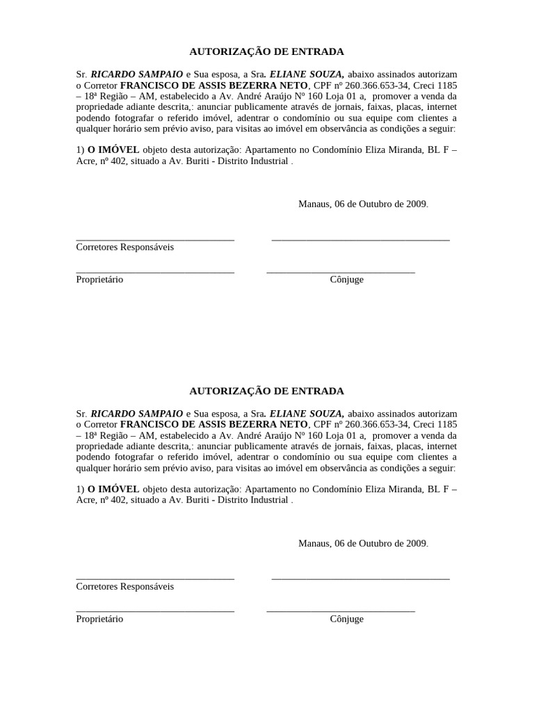 Autorização de Entrada Modelo | PDF