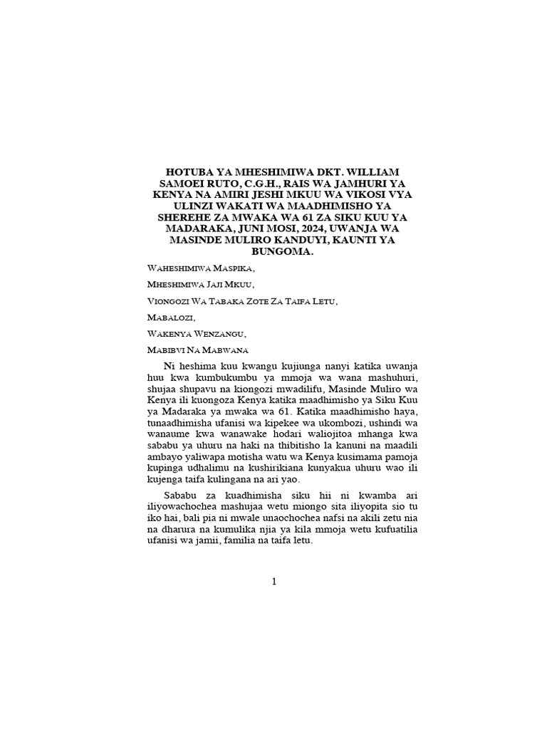 Formatted Hotuba Ya Madaraka 2024 | PDF