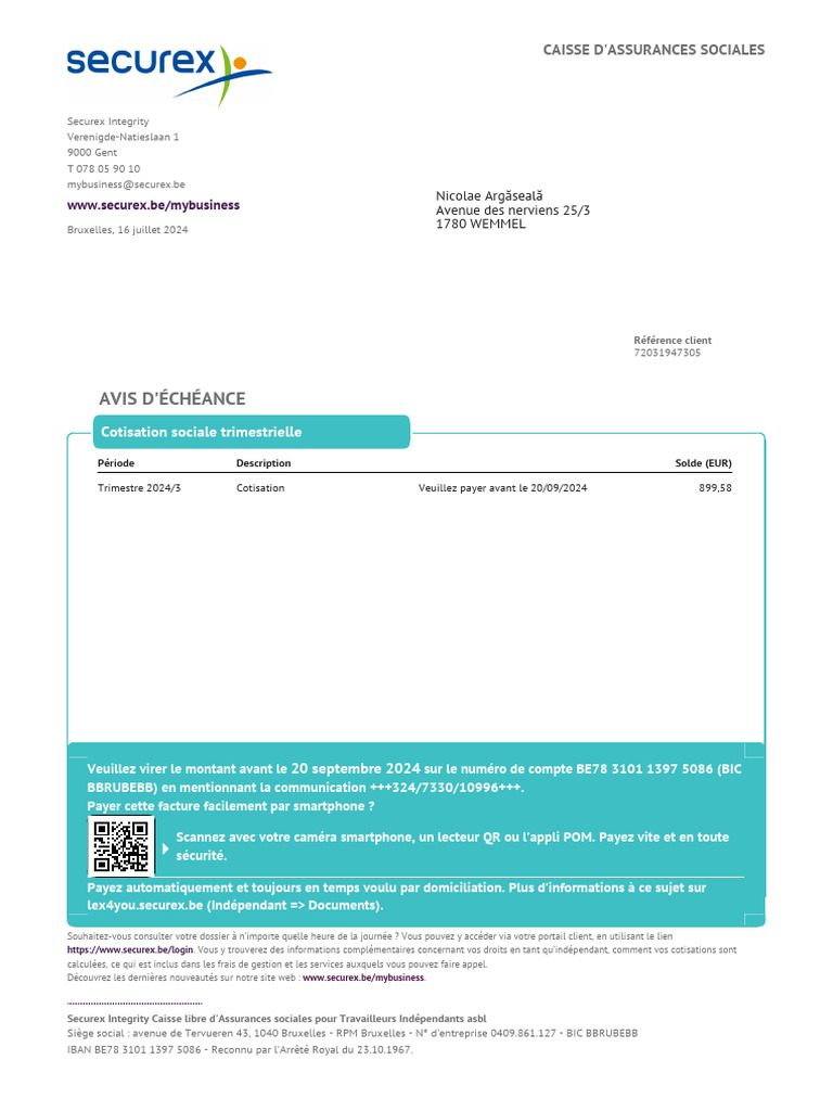 Avis D'échéance Indépendants - 2024 Trim 3 2024 Securex | PDF