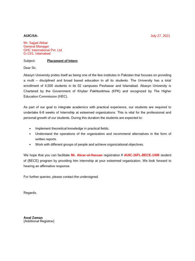 Internship Placement Request Letter | PDF | Career & Growth | Finance ...