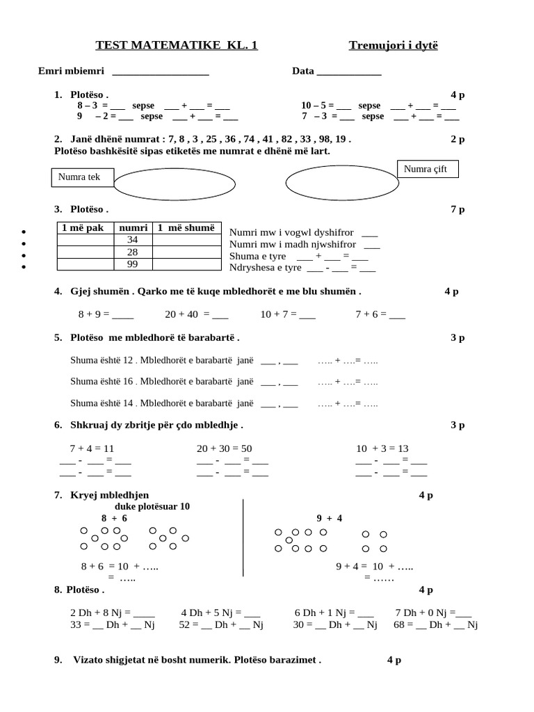 Test Matematik e Re Tremujori I Dyte | PDF