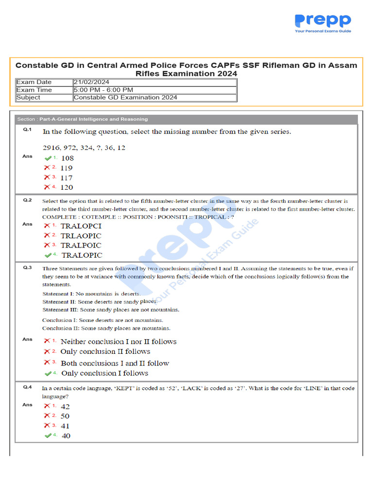 SSC GD Constable 2024 Official Paper Held On 21 Feb 2024 Shift 4 | PDF