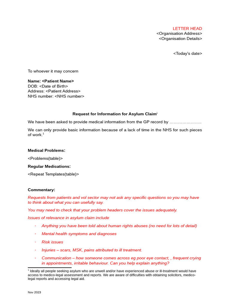 Patient Requested Report Template For Asylum Claim | PDF
