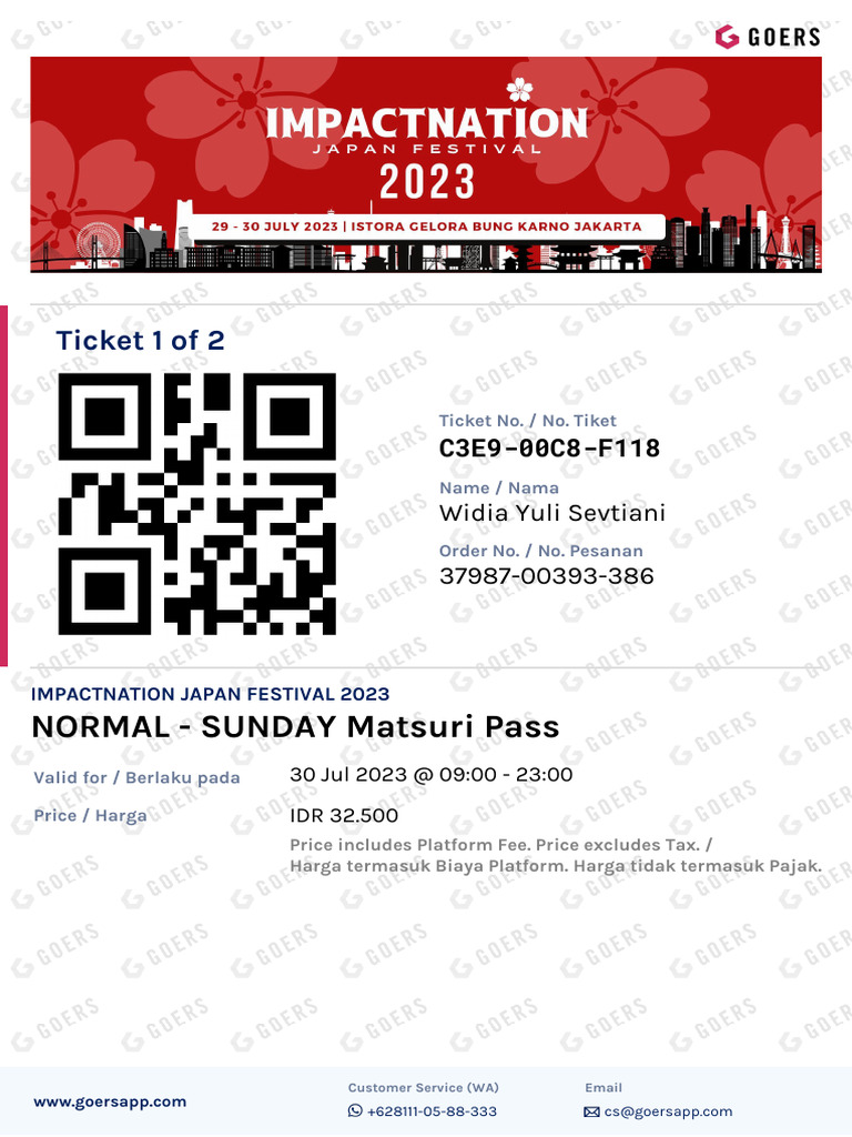 (Event Ticket) Normal - Sunday Matsuri Pass - Impactnation Japan Festival 2023 - 2 37987-00393 ...