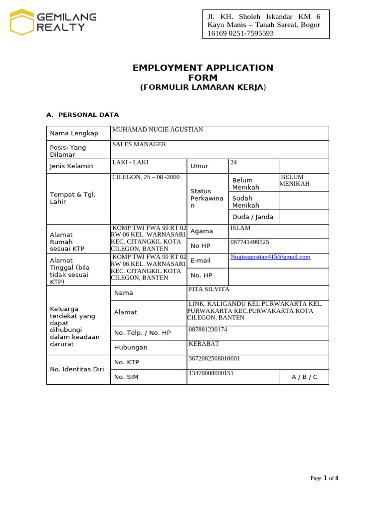 EMPLOYMENT APPLICATION FORM - Gemilang Realty | PDF