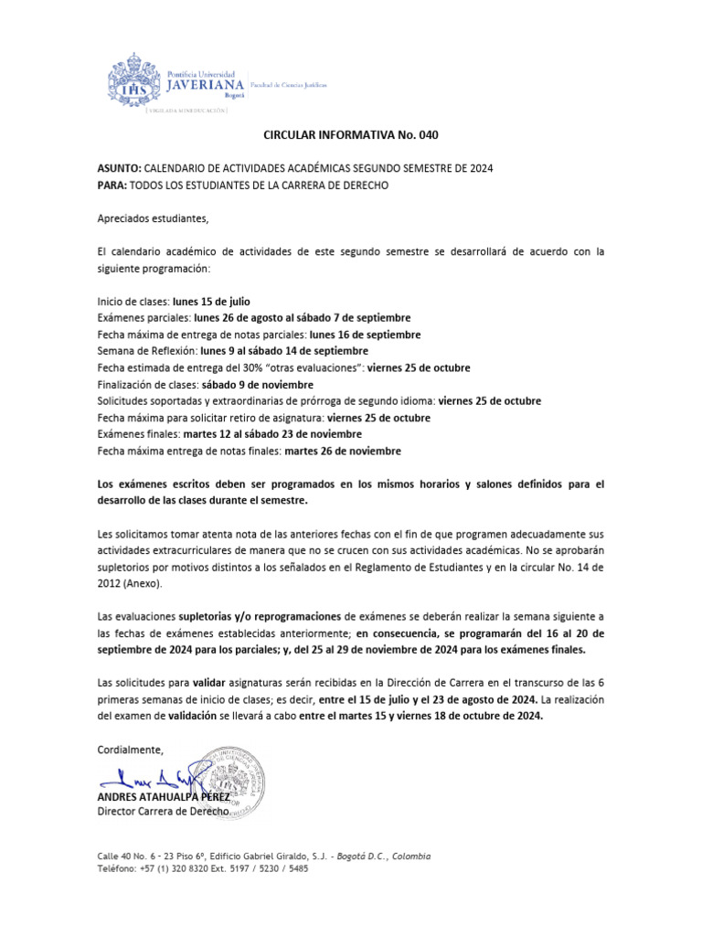 Circular Informativa 040 Calendario 2430 | PDF