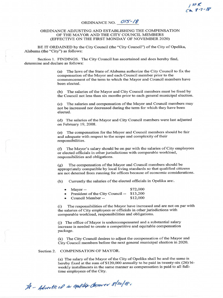 Opelika City Ordinance On Mayor's Salary | PDF