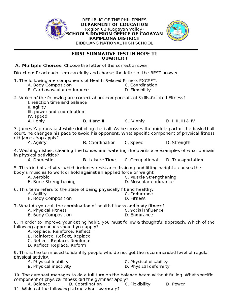 Hope 11 Q1 Lessons 1-2 Summative Test 1 | PDF