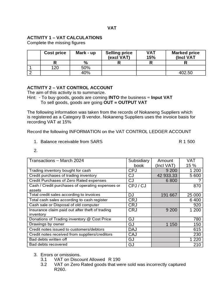 VAT Activity 1 - Vat Calculations | PDF