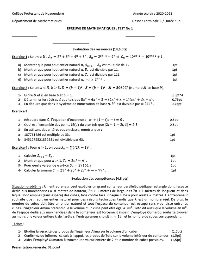 Ngaoundere SEQ1 Maths TleC 2020 | PDF